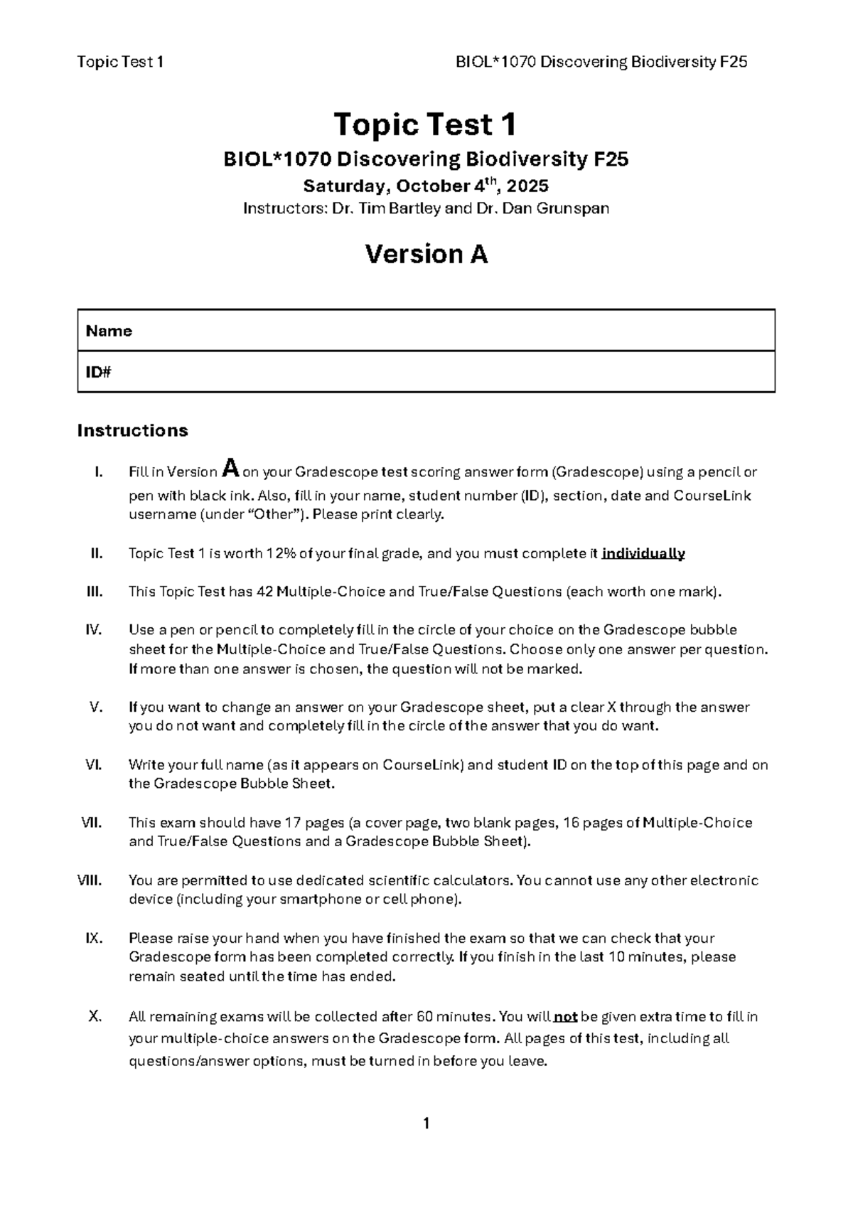 Version A - Topic Test 1: Discovering Biodiversity - BIOL 1070 F25 ...