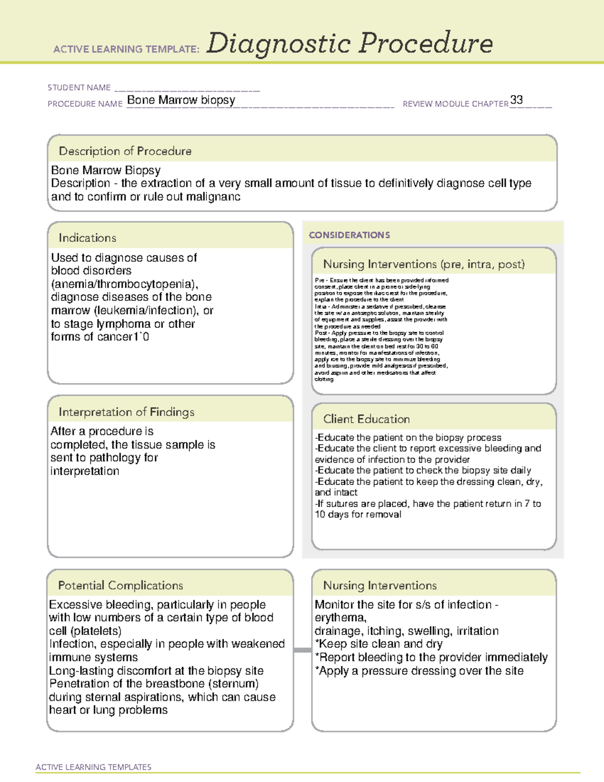 Diagnostic Procedure Template for Bone Marrow Biopsy (NUR 333) - Studocu