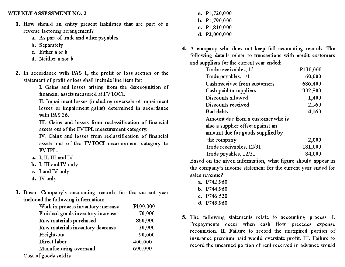 Weekly Assessment No. 2 - WEEKLY ASSESSMENT NO. 2 How should an entity ...