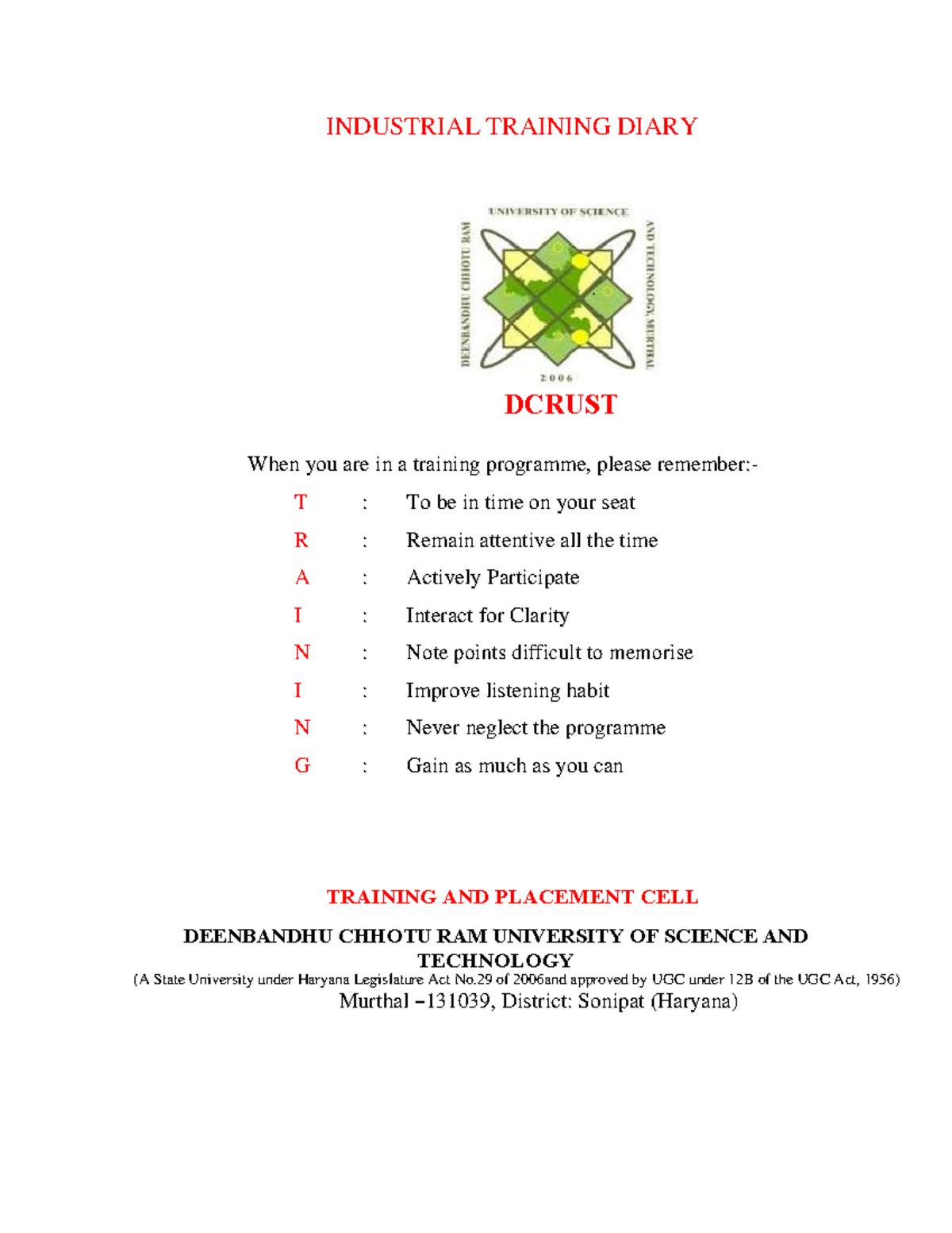 Industrial Training Diary - DCRUST Documentation - Studocu