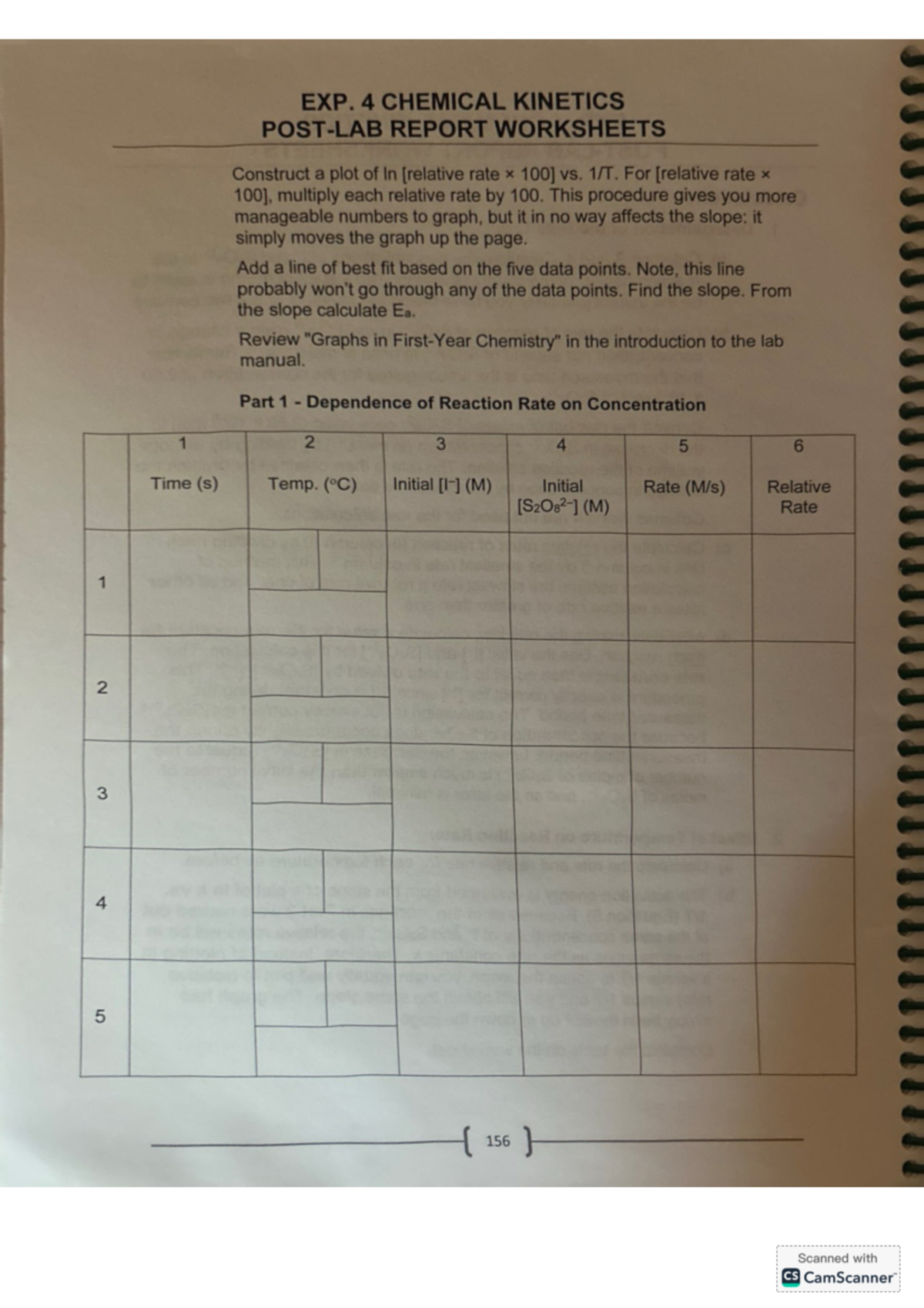 Chemistry Exp 4 - EXP. 4 CHEMICAL KINETICS REPORT WORKSHEETS Construct ...