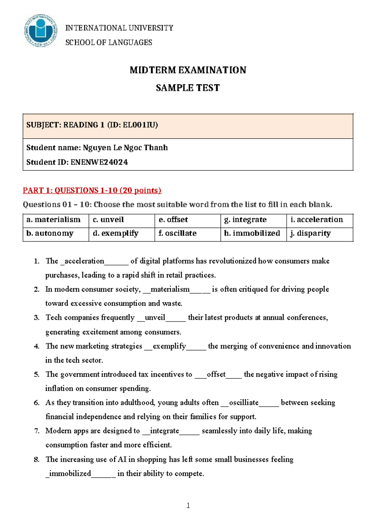 Reading 1 Midterm Exam Sample Test (ID: EL001IU) - Studocu
