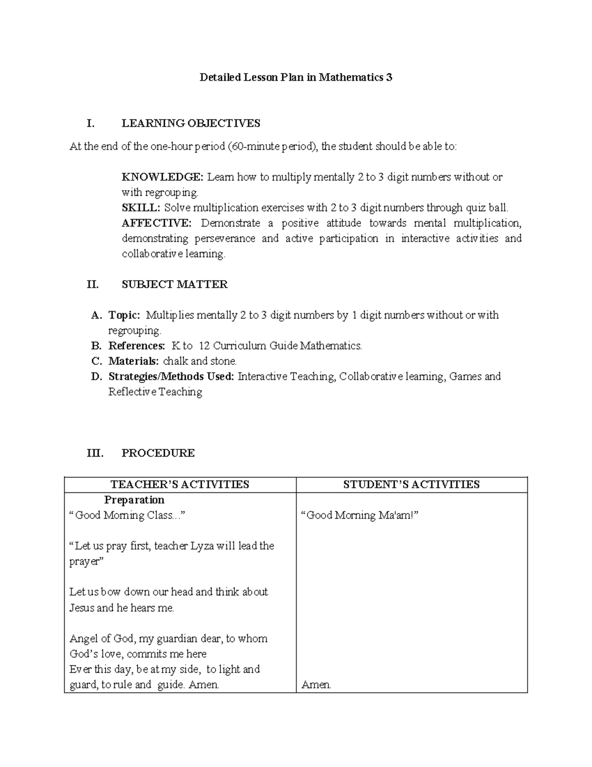 DLP MATH 3: Lesson Plan for Mental Multiplication Strategies - Studocu