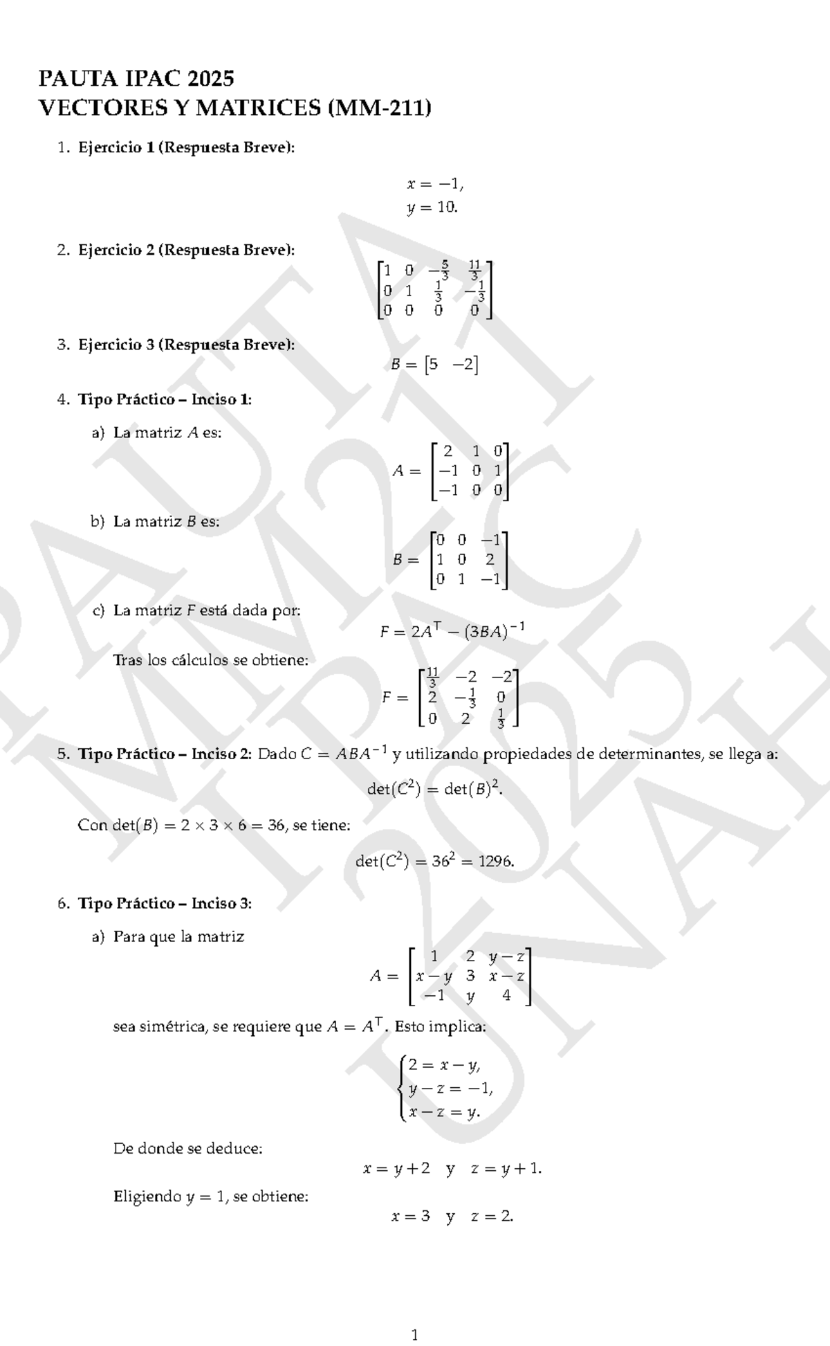 PAUTA IPAC 2025: VECTORES Y MATRICES - Ejercicios y Respuestas - Studocu