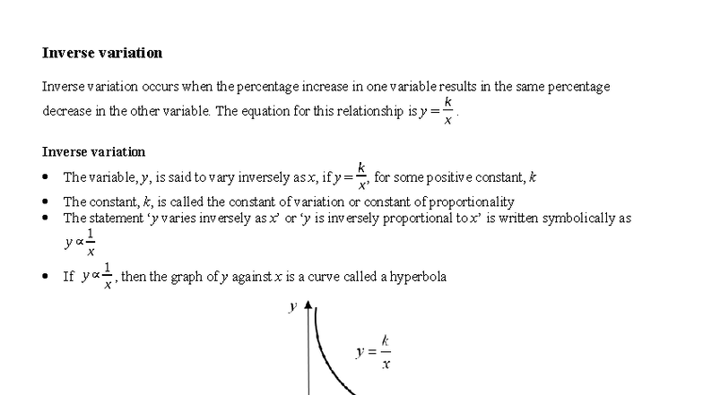 Inverse Variation: Understanding the Relationship and Examples - Studocu