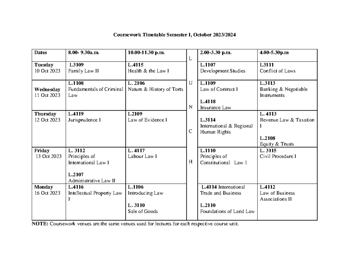 Coursework Timetable Semester 1 2023-2024 - Coursework Timetable ...