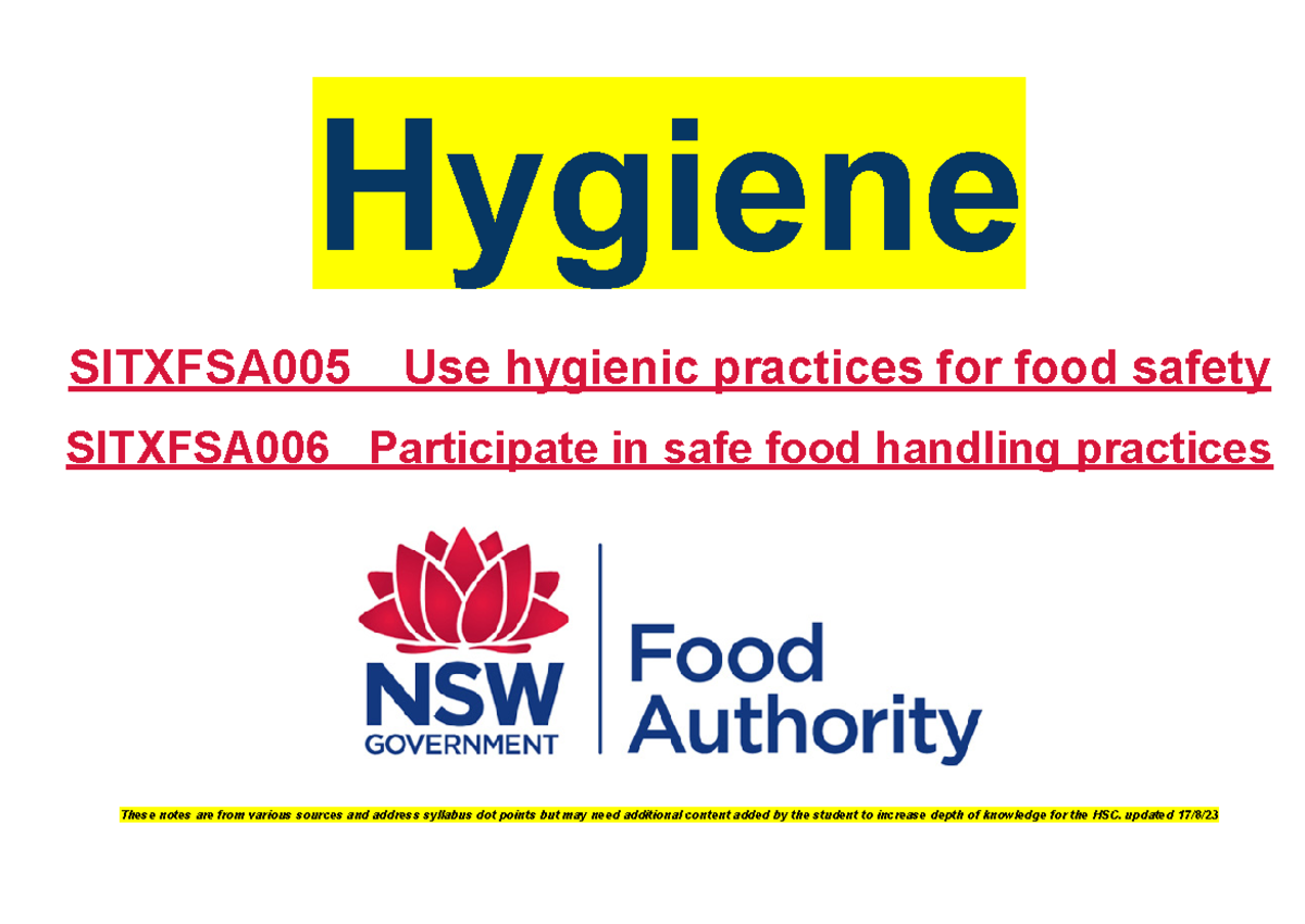 Hygienic Practices for Food Safety Study Notes (SITXFSA001) - Studocu