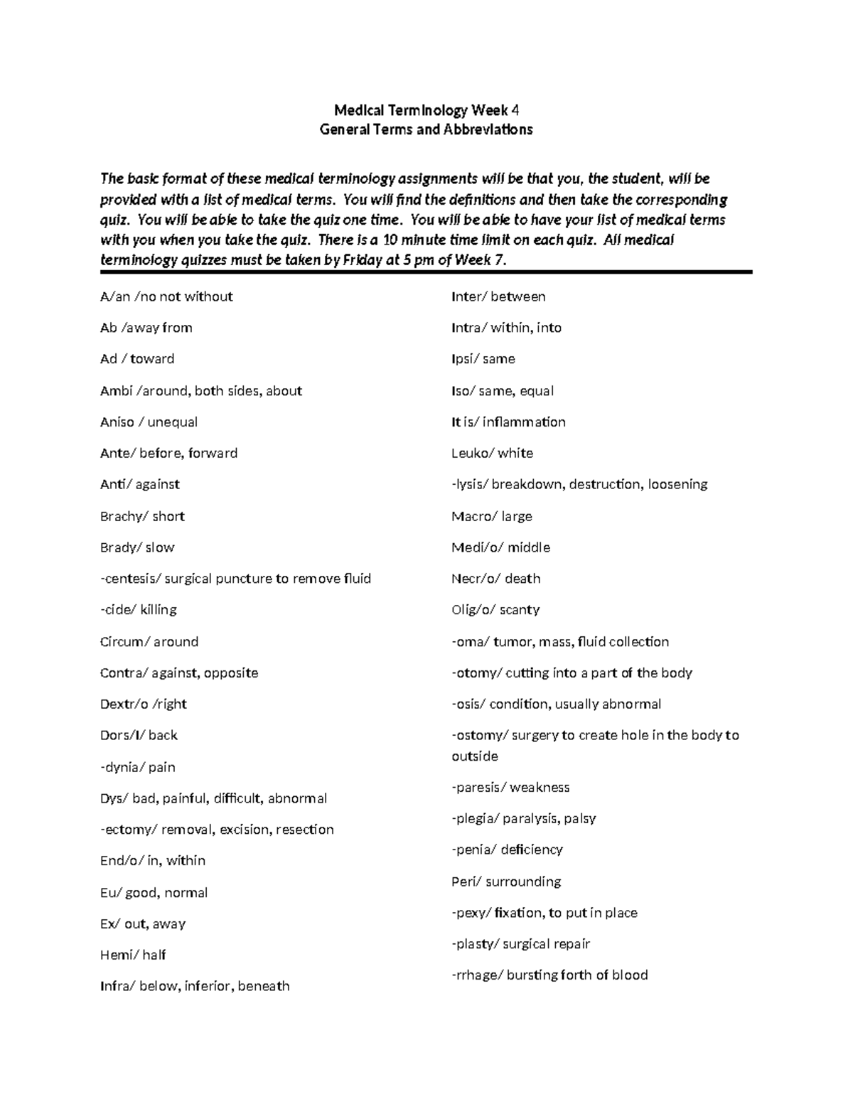 NR 302 Week 4 Med Terminology General Terms - Medical Terminology Week ...