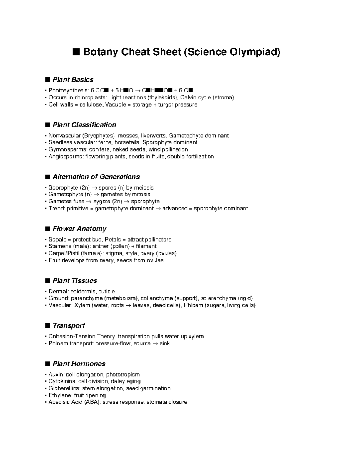 Botany Cheat Sheet (Science Olympiad): Plant Basics & Photosynthesis ...