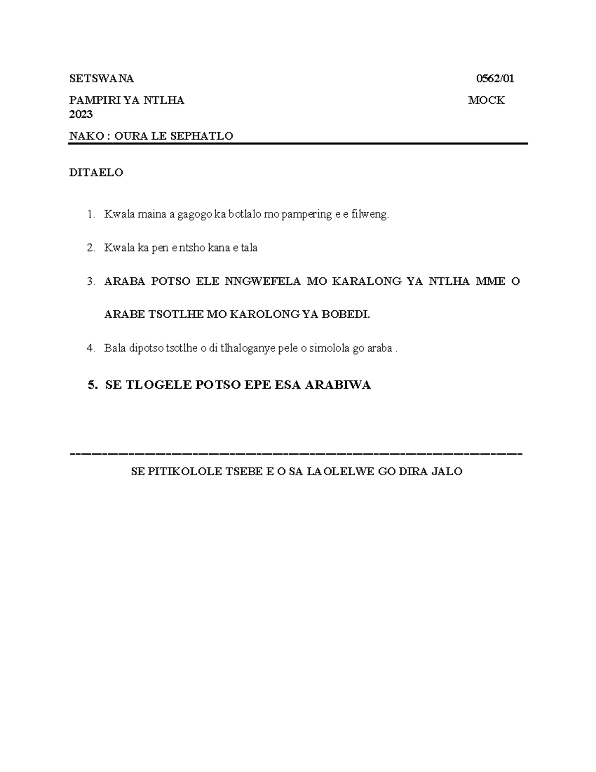 Bgcse Setswana Mock Paper 1 Guidelines - 2023 - Studocu