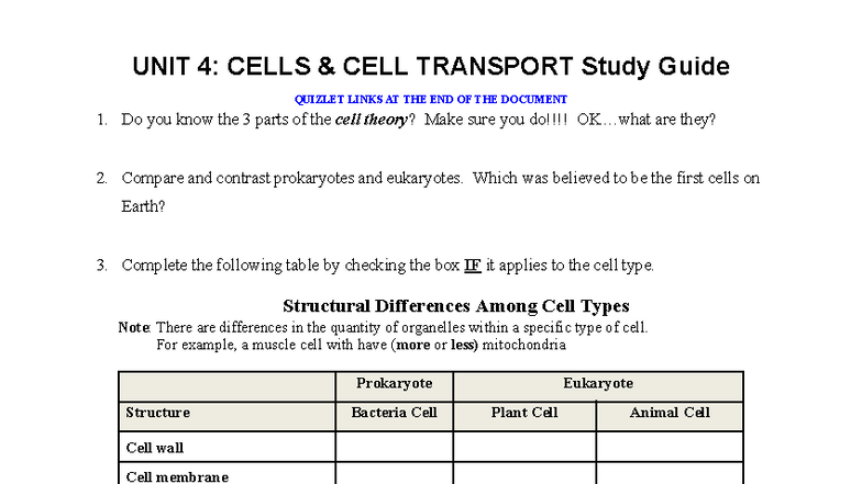 UNIT 4: CELLS & CELL TRANSPORT Study Guide with Quizlet Links - Studocu