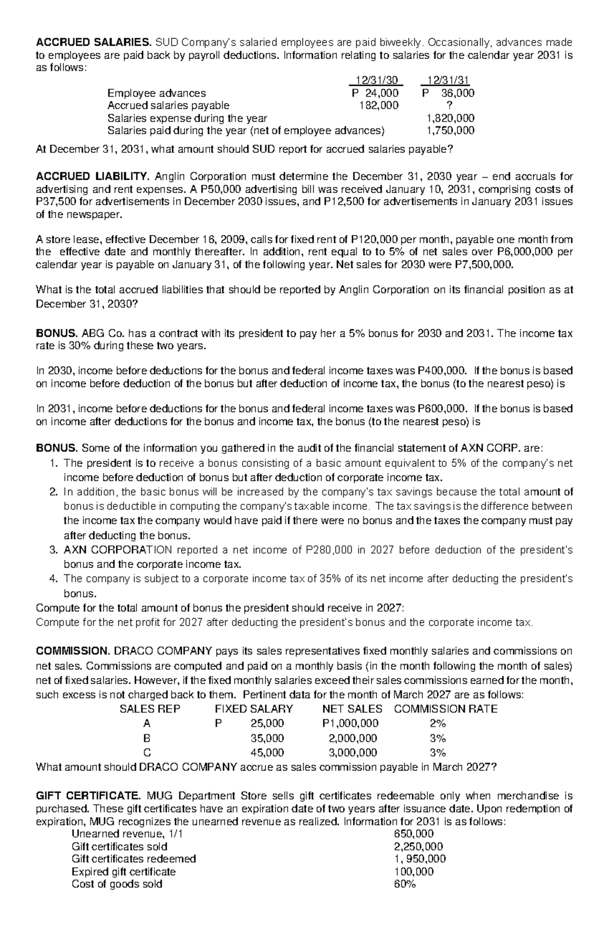 Liabilities Exercises: Accrued Salaries & Bonuses Analysis - Studocu
