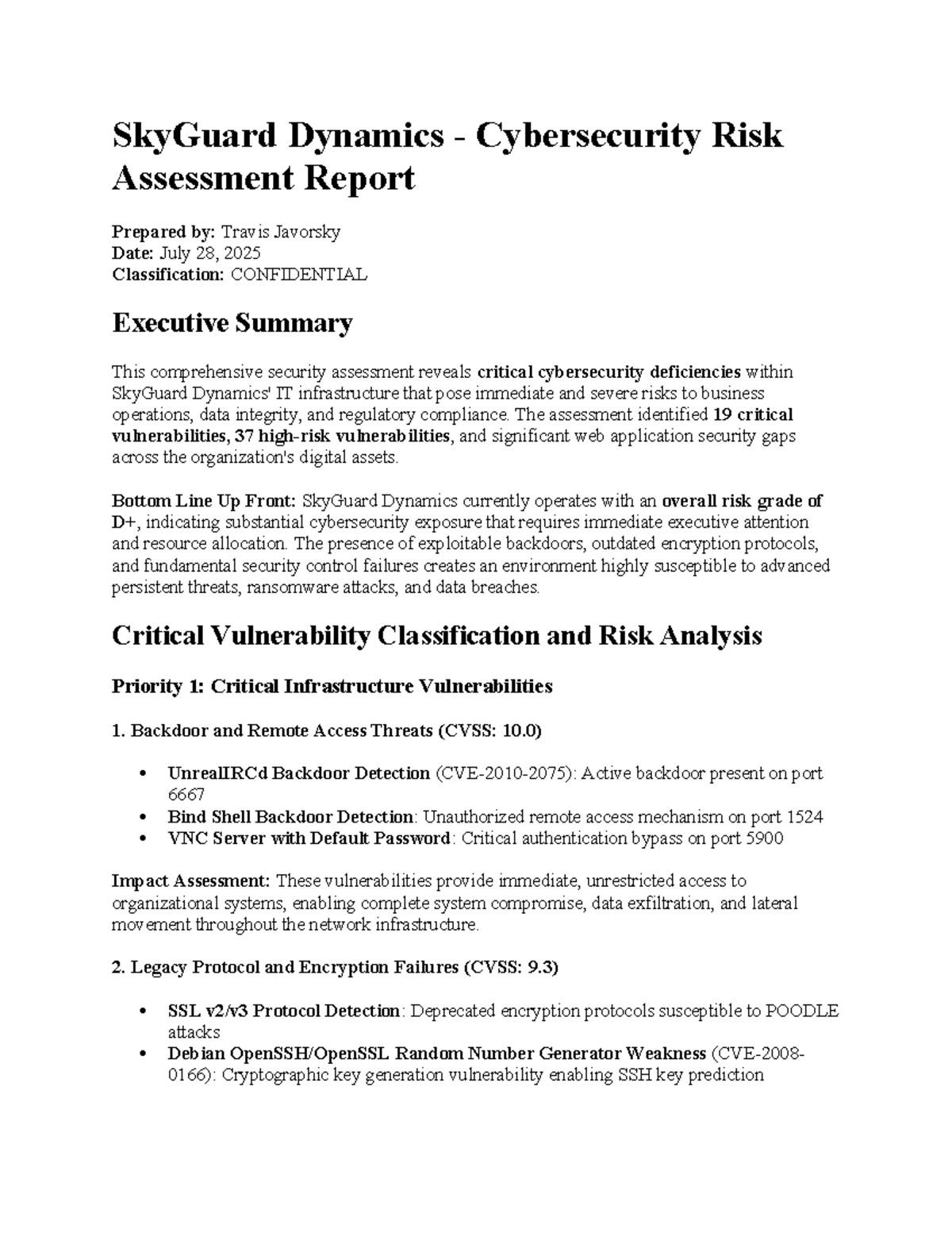 SkyGuard Dynamics Cybersecurity Risk Assessment Report (CONFIDENTIAL ...