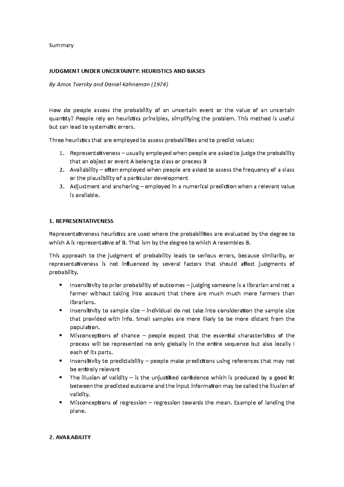 Summary of Tversky & Kahneman's Heuristics and Biases (1974) - Wk1 ...