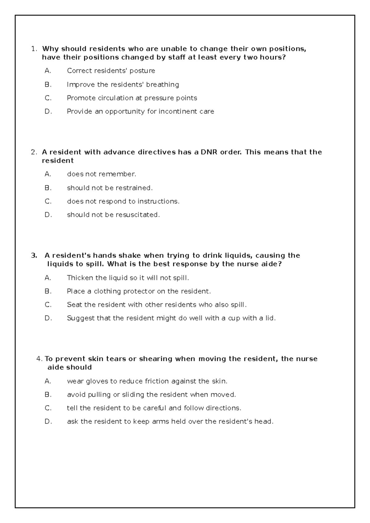 ADL Practice Questions for Understanding Resident Care Needs - Studocu