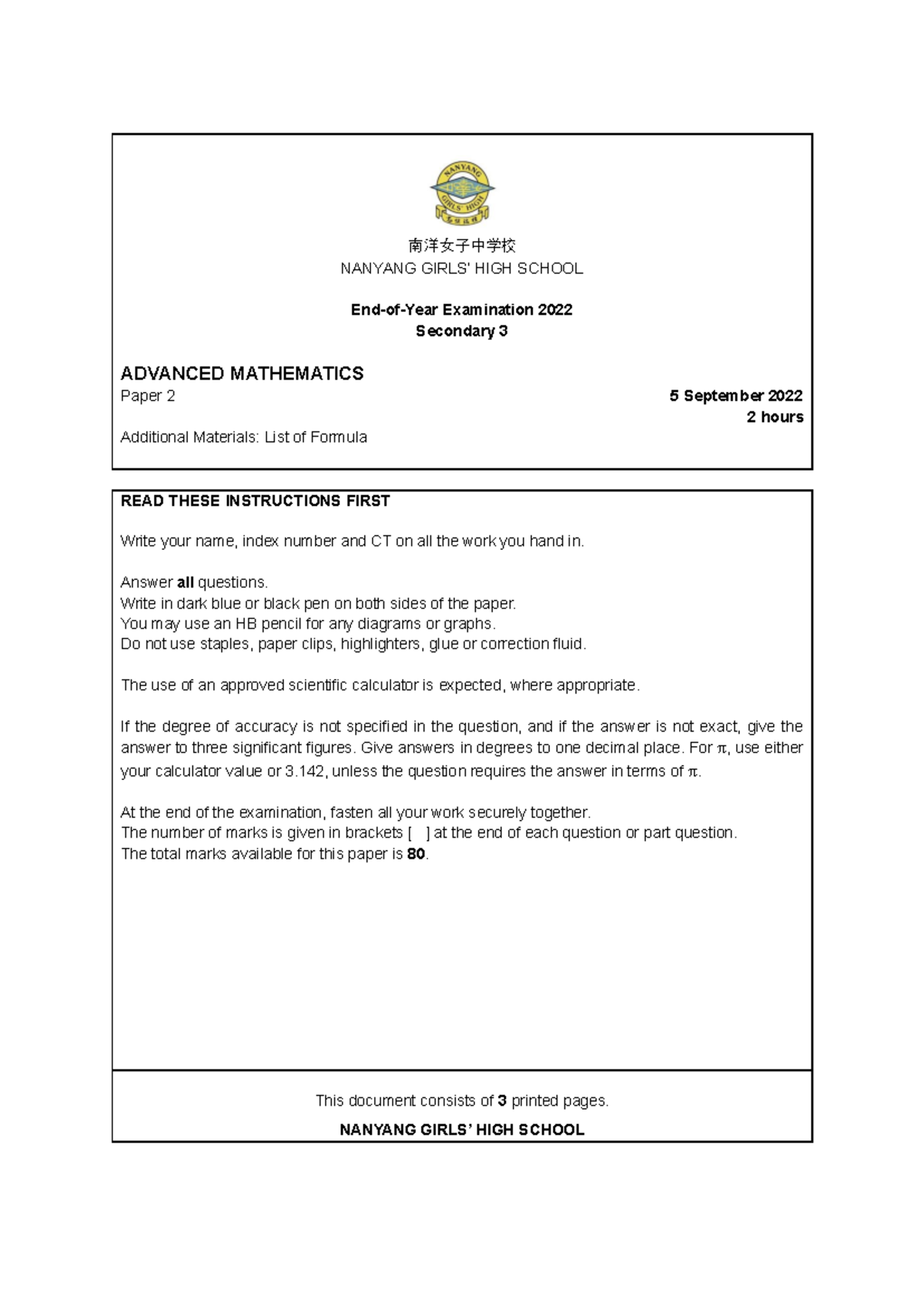 NANYANG HIGH SCHOOL 2022 Sec 3 Adv Math Exam Paper 2 Instructions - Studocu