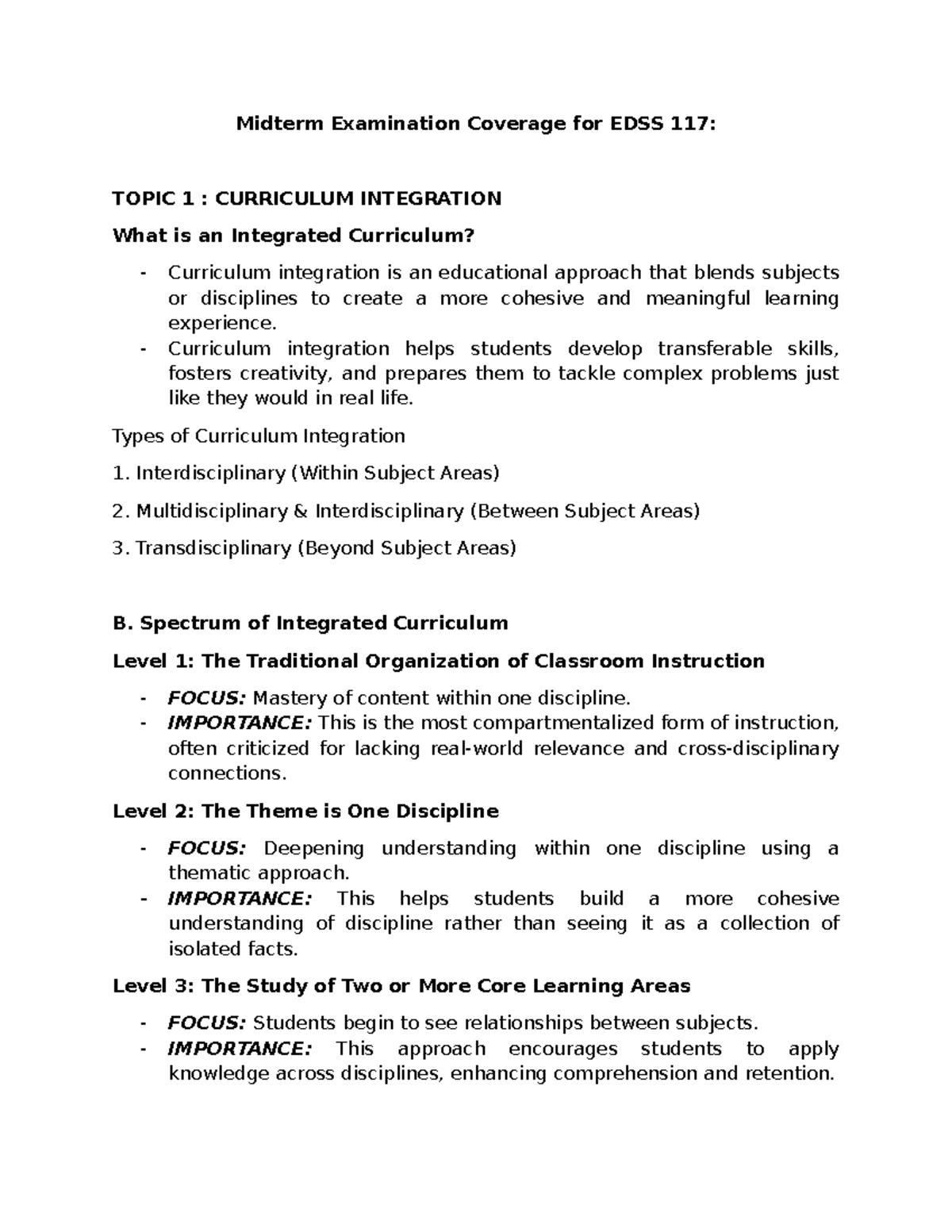 Midterm Exam Review: Integrated Curriculum in EDSS 117 - Studocu