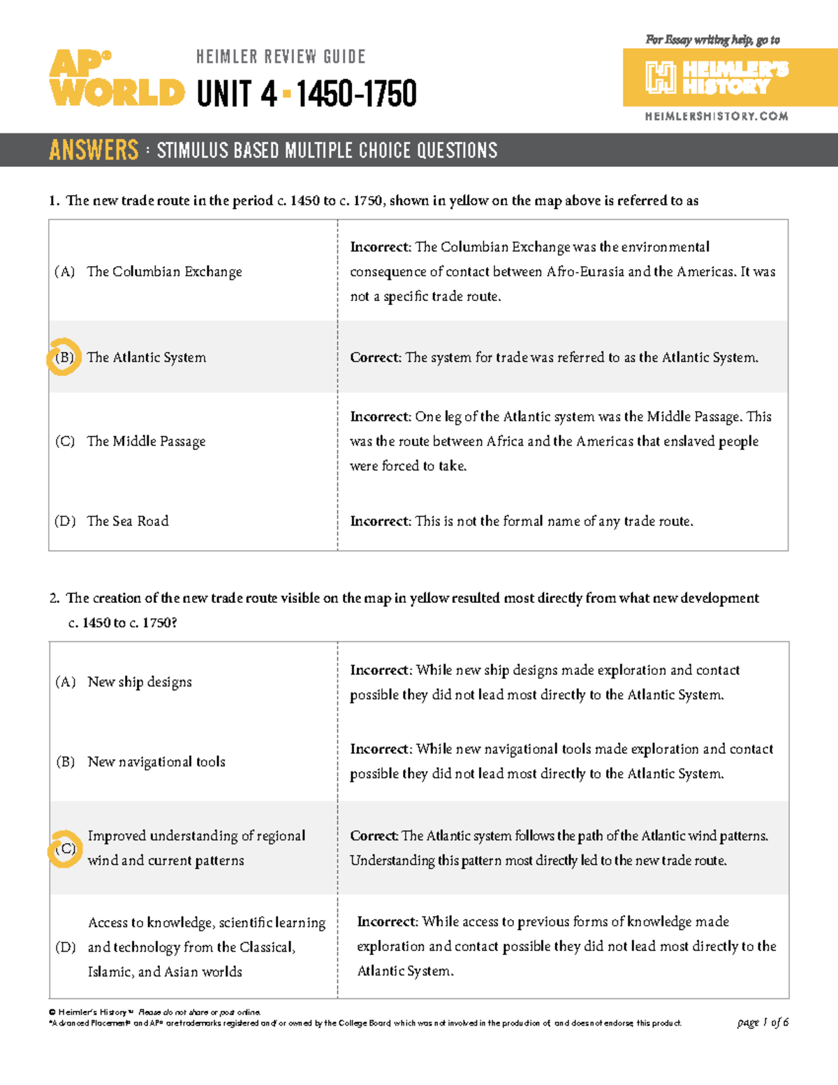 AP World HRG Unit 4 MCQ Answer Key (1450-1750) - Studocu