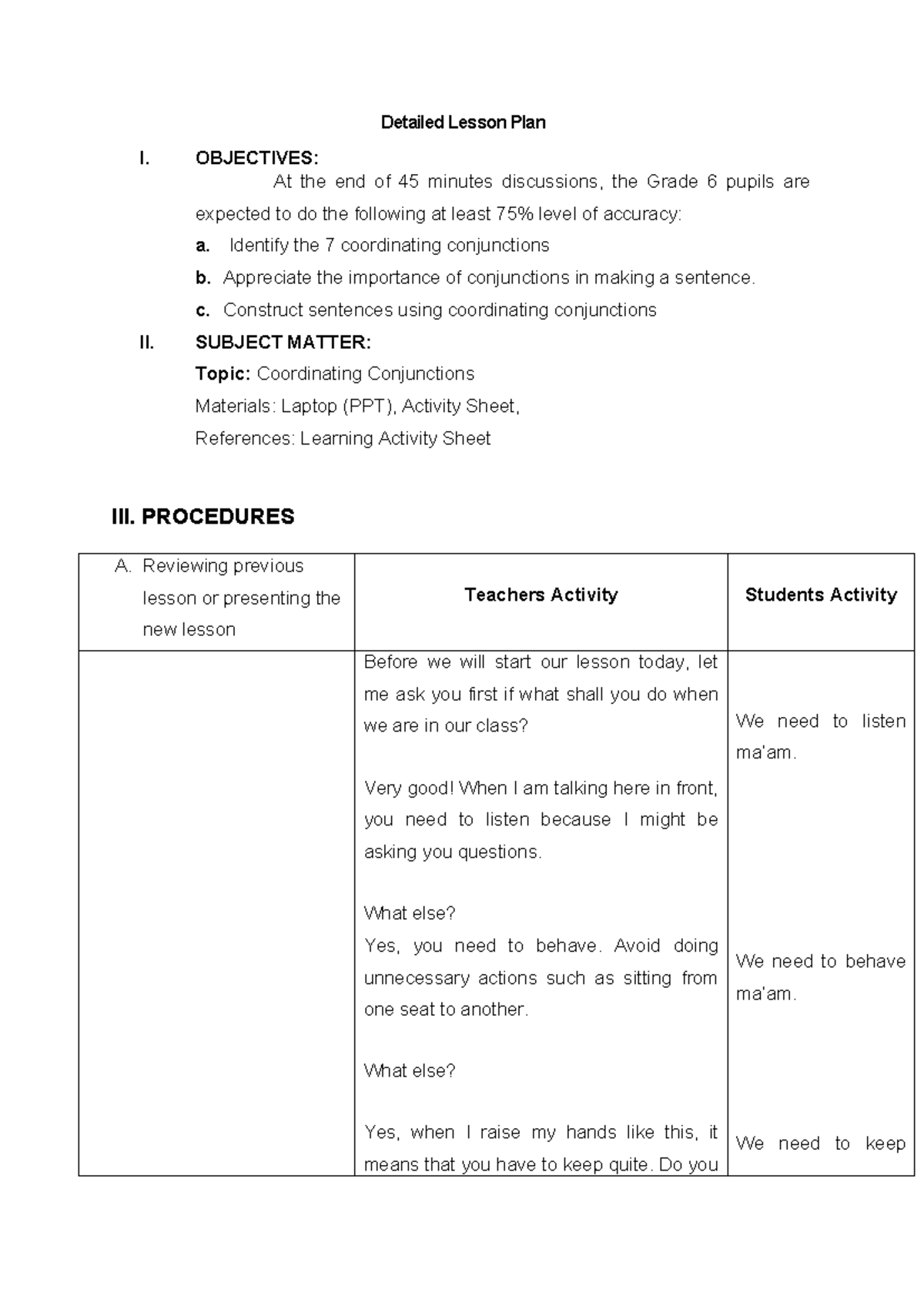 Detailed Lesson Plan on Coordinating Conjunctions for Grade 6 - Studocu