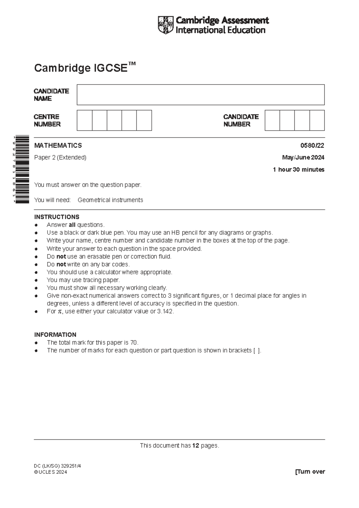 Cambridge 0580/24 Mathematics 2024 Paper 2 (Extended) Exam Guide - Studocu