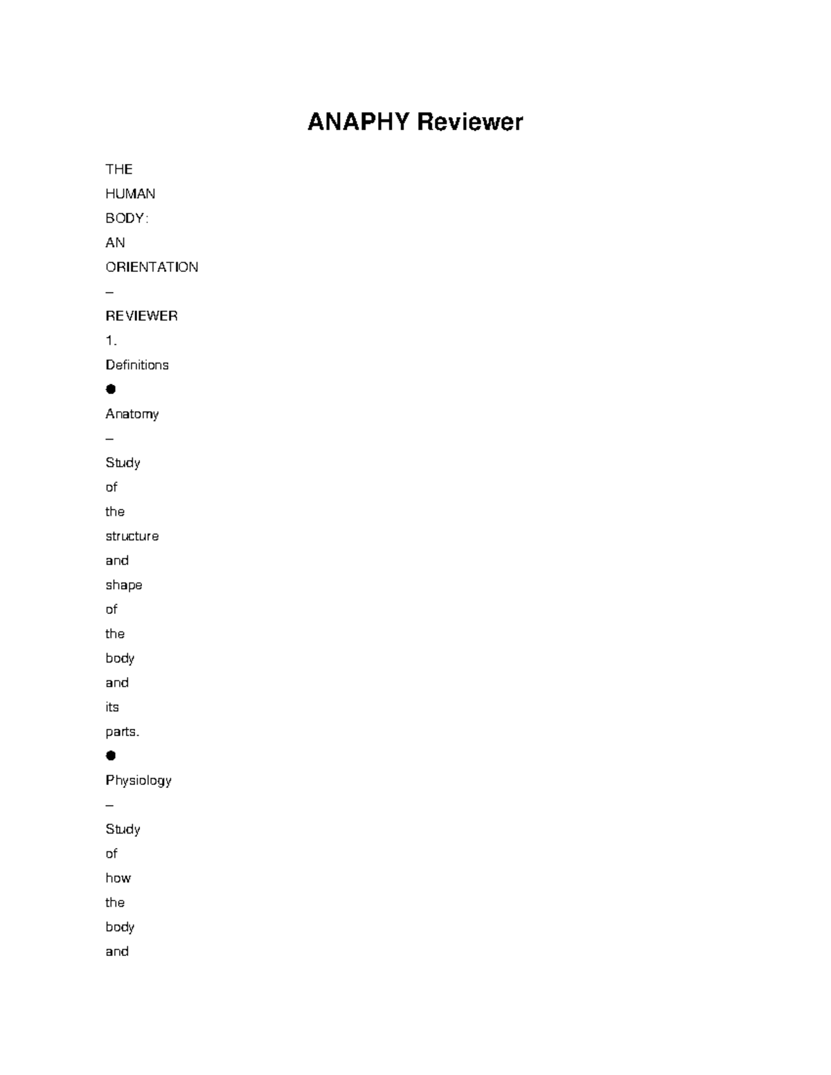 ANAPHY 101: Human Body Orientation & Anatomy Review Notes - Studocu