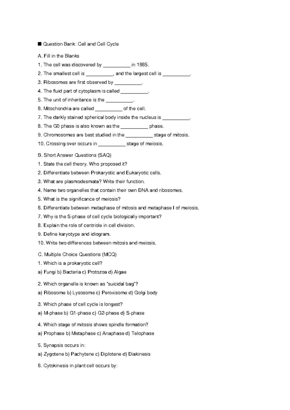 Cell and Cell Cycle Question Bank: Fill in the Blanks, SAQ, MCQ - Studocu