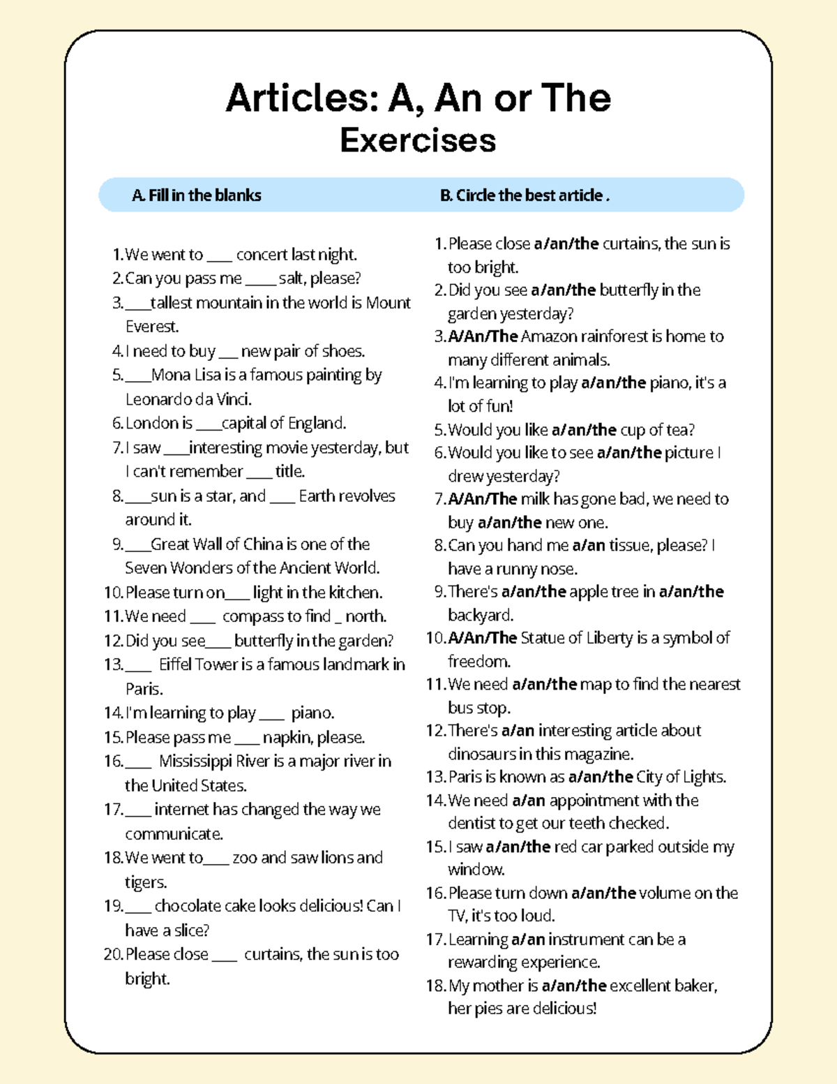 Articles Practice: A, An, or The Exercises - Studocu