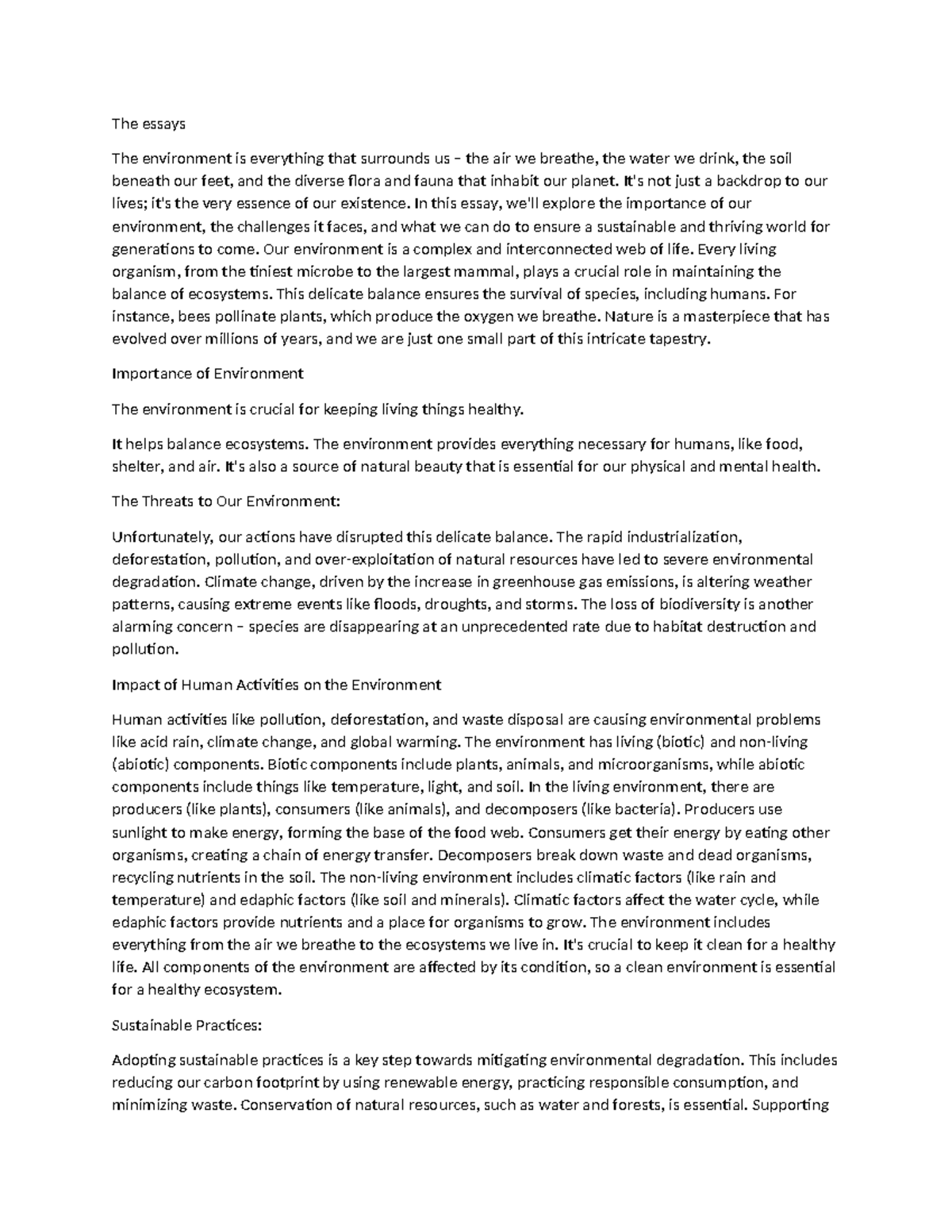 Environmental Essay Notes: Importance, Challenges, and Solutions - Studocu