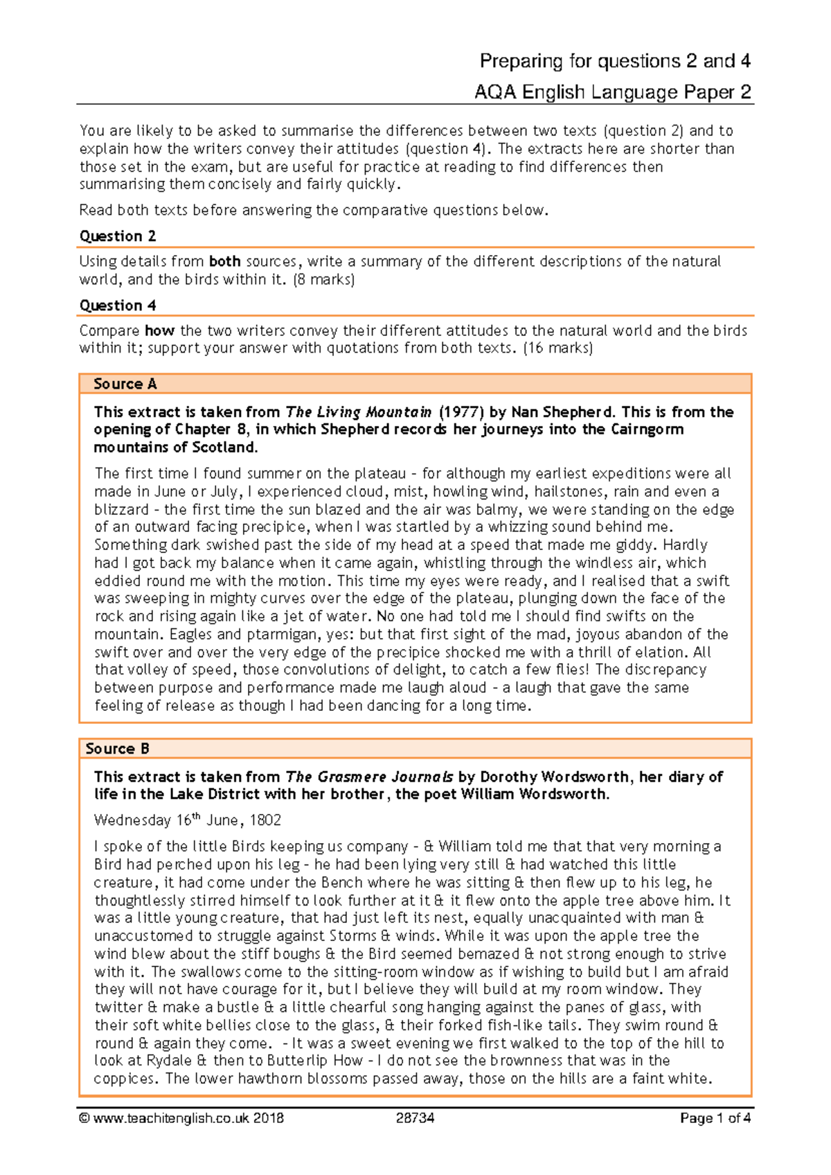 AQA English Language Paper 2: Summary & Comparison of Texts 2 & 4 - Studocu