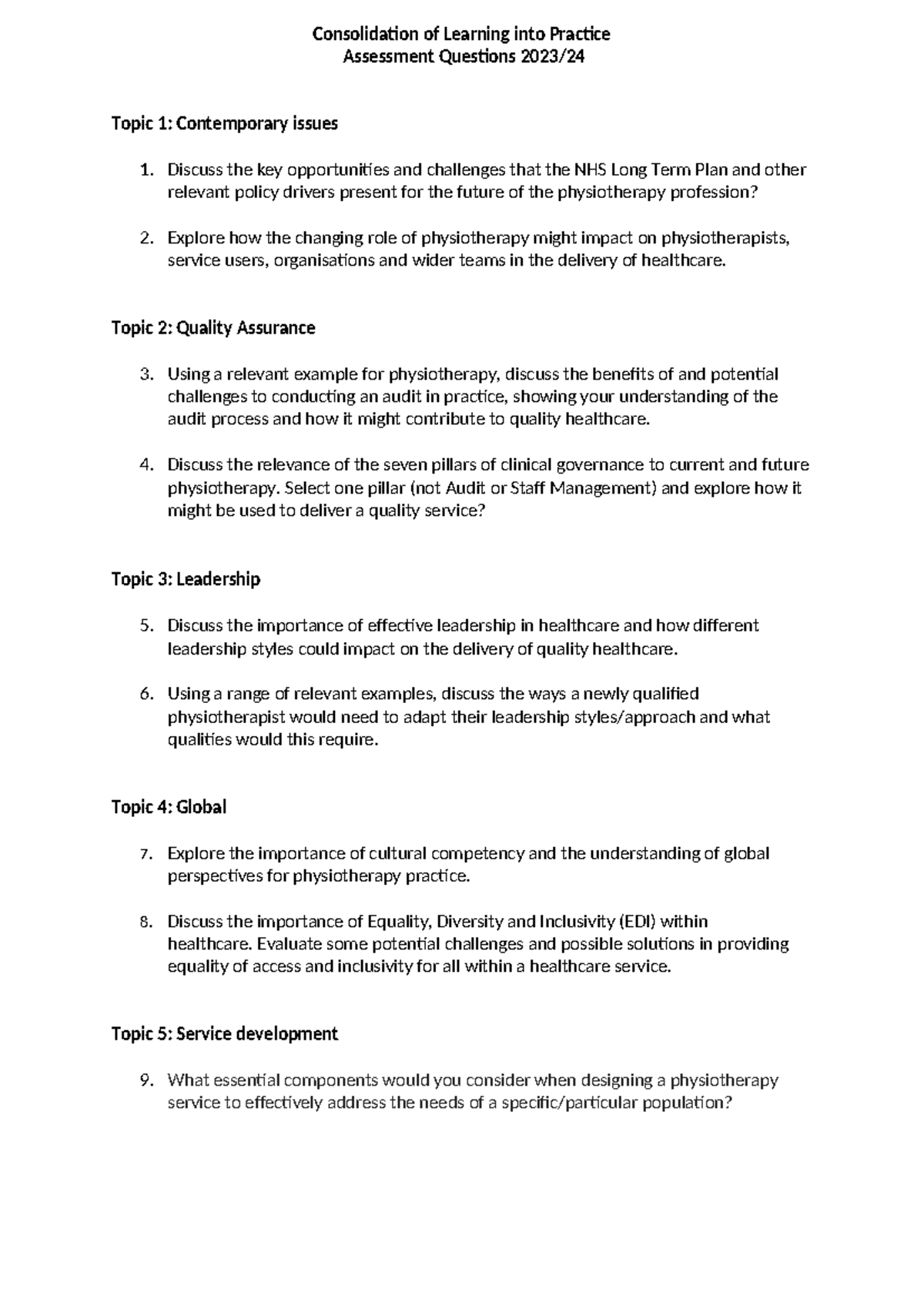 CLi P Assessment Questions 2023: Key Issues in Physiotherapy Practice ...