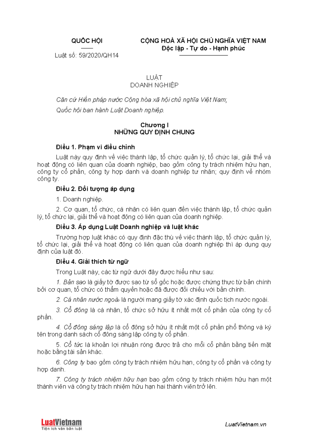 Luat Doanh Nghiep 2020 - Chương I: Những Quy Định Chung - Studocu