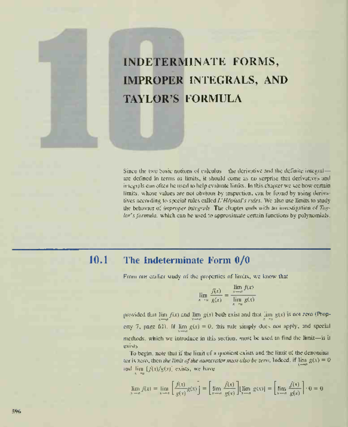 Chapter 10: Indeterminate Forms, Improper Integrals, and Taylor's ...