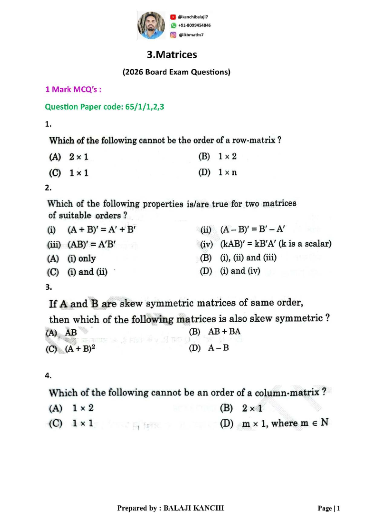 3. Matrices - 2026 Board Exam Questions (Balaji Kanchi) - Studocu