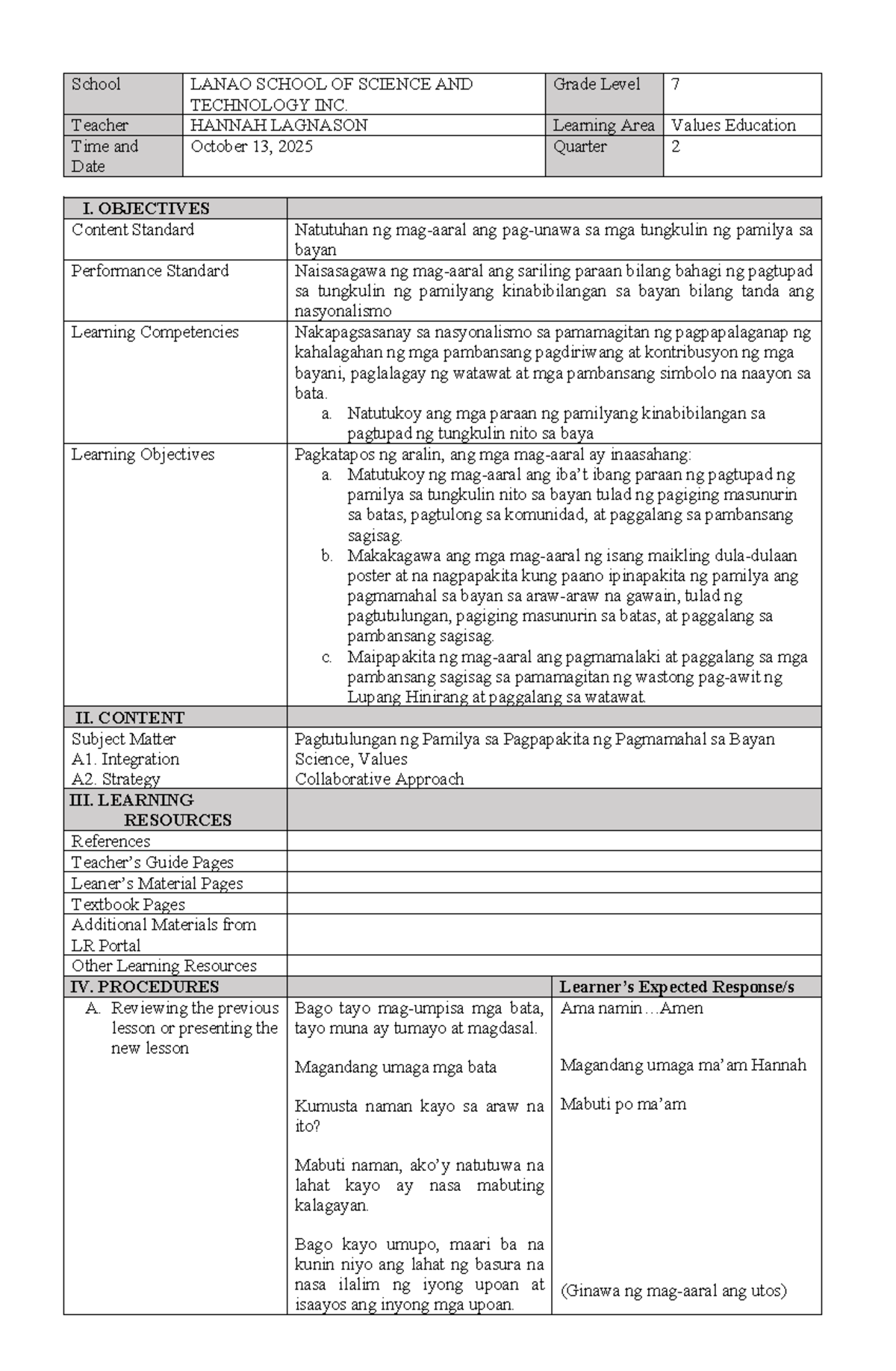 Values ED-LP - Lesson Plan on Family's Role in Nationalism - Studocu