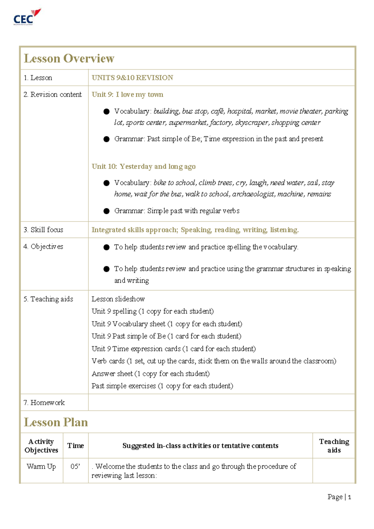 LOOK 3 Lesson Plan: Review of Units 9 & 10 Overview - Studocu