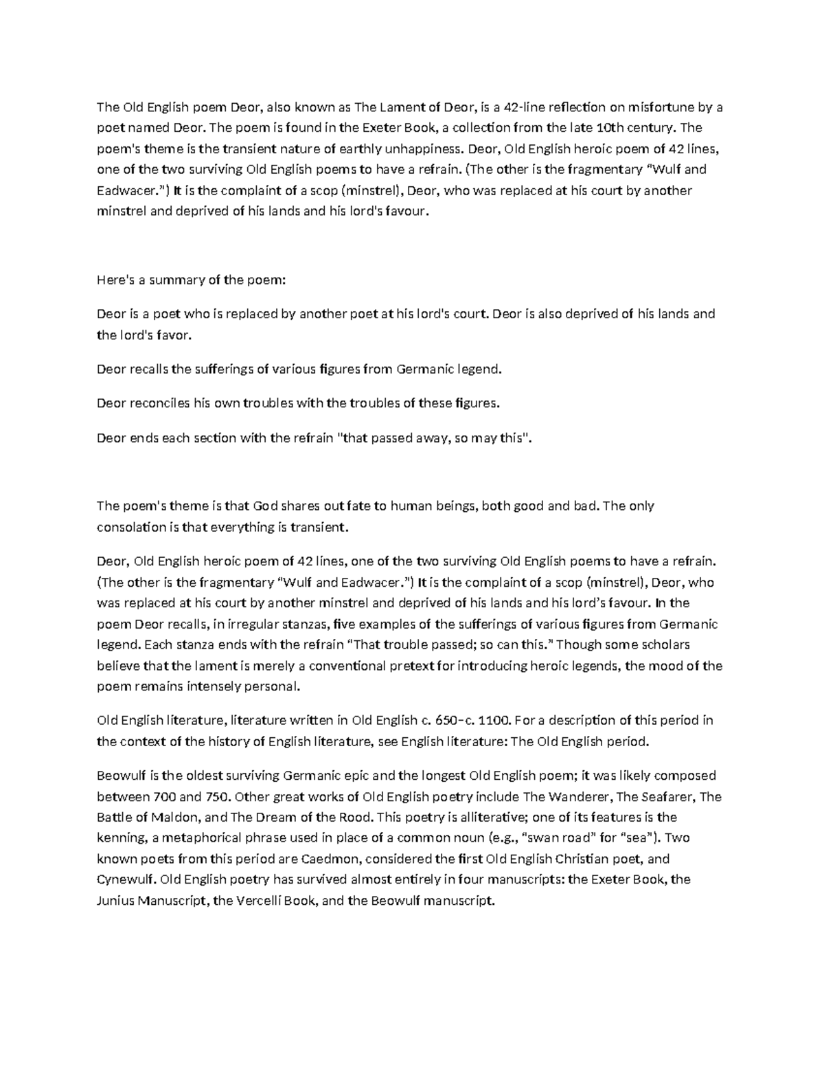 THE DOER'S Lament: An Analysis of Deor's Poem (ENG 101) - Studocu