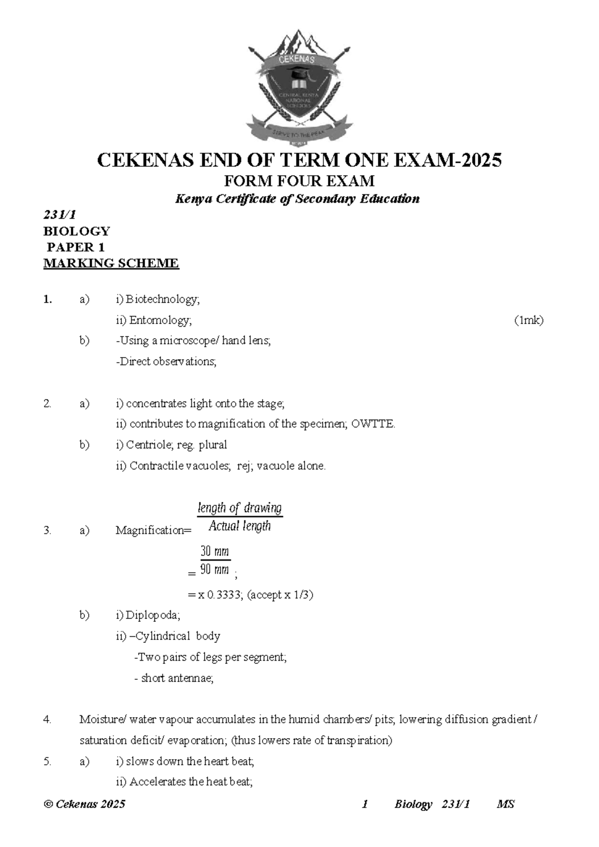 CEKENAS 2025 BIOLOGY PAPER 1 END OF TERM EXAM MARKING SCHEME - Studocu