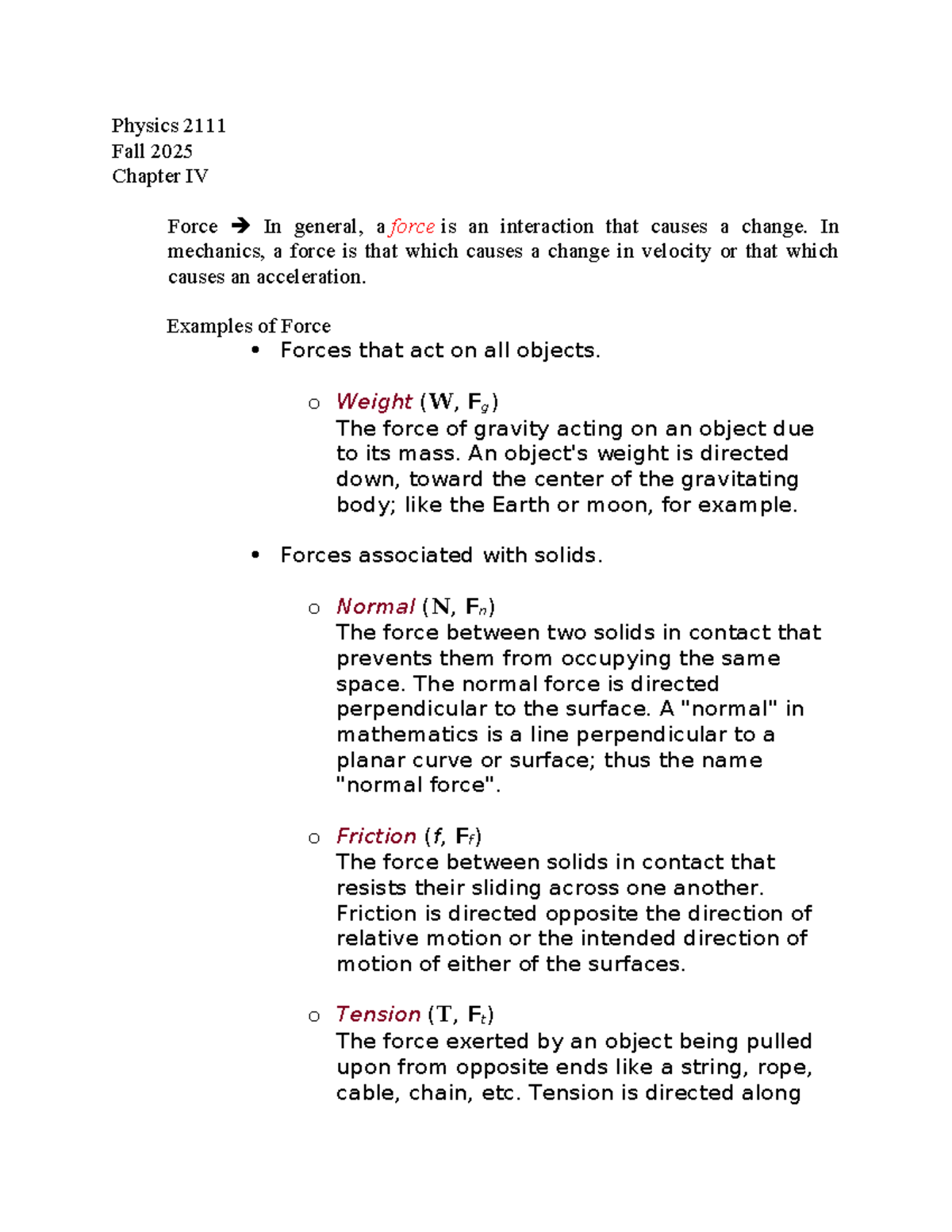 Physics Fall 2025 Chapter IV: Notes on Force and Its Types - Studocu