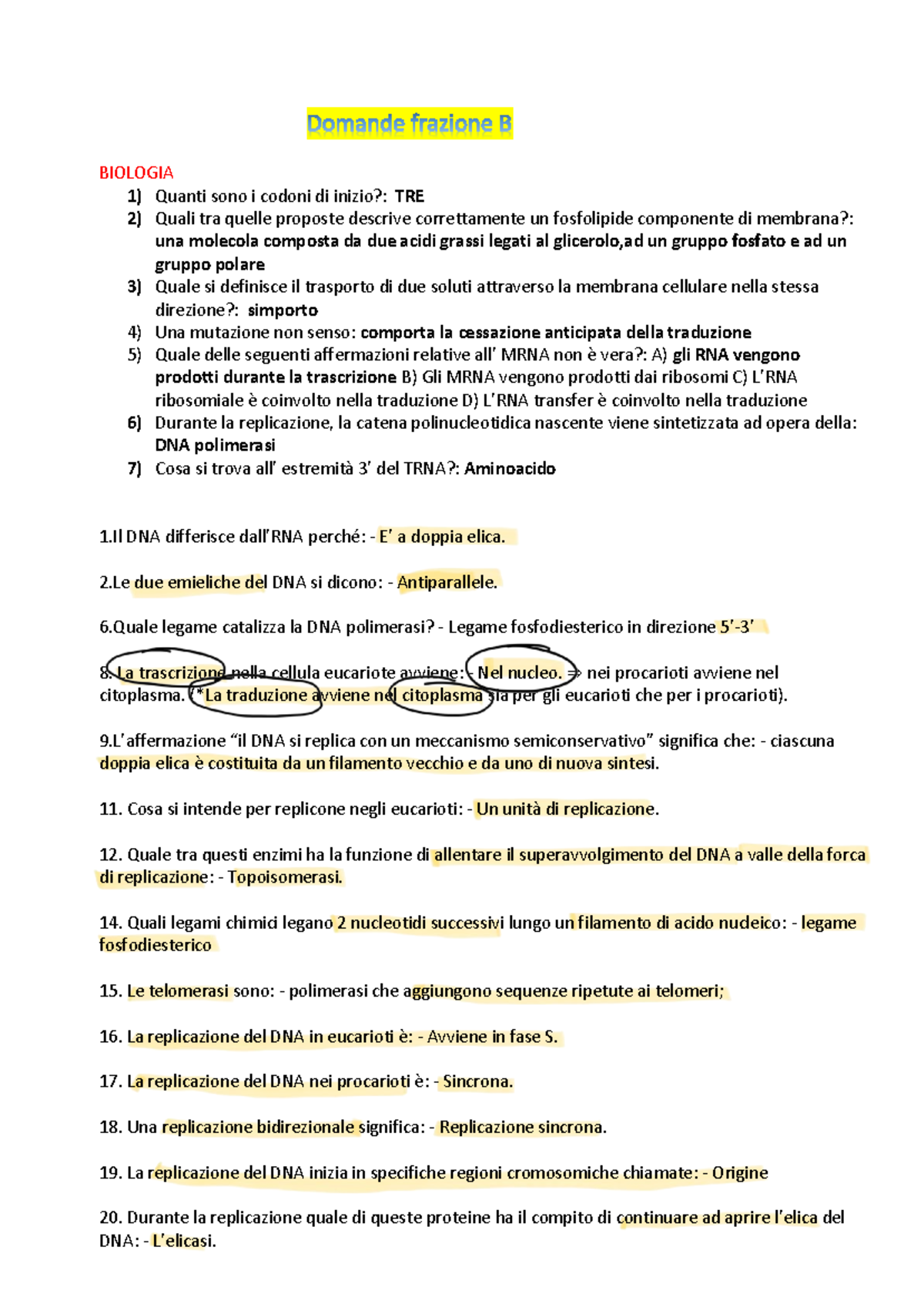BIOLOGIA - Domande di Frazione B per Esame Finale (BIO) - Studocu