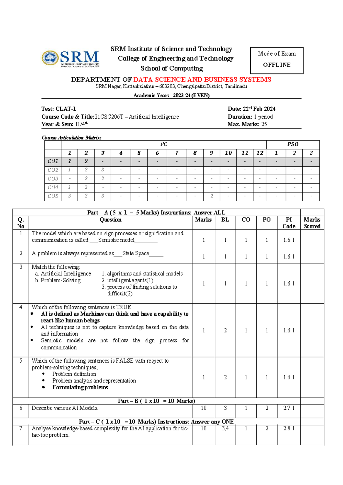 CT1 AG1 QP SET A - 21CSC206T Artificial Intelligence Offline Exam - Studocu