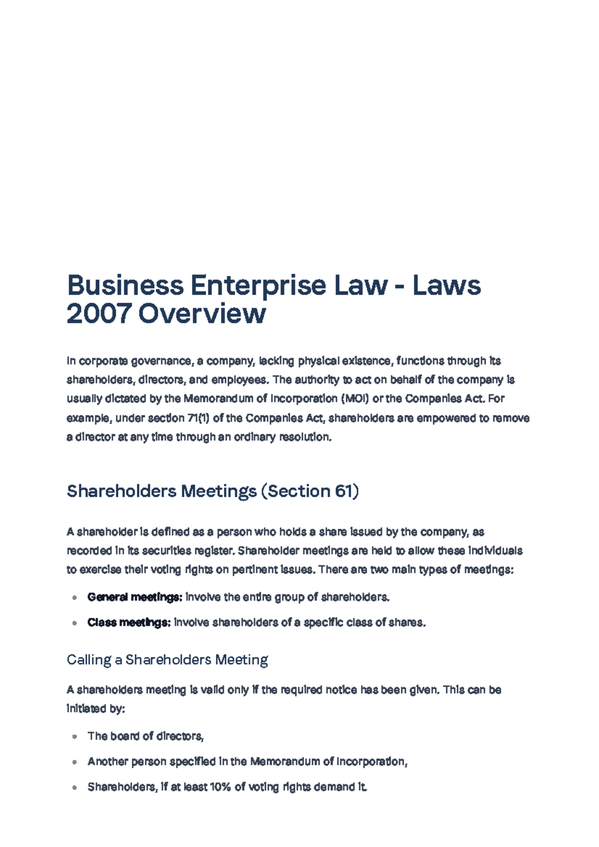 Business enterprise law Laws 2007 topic 5 summary and case studies ...