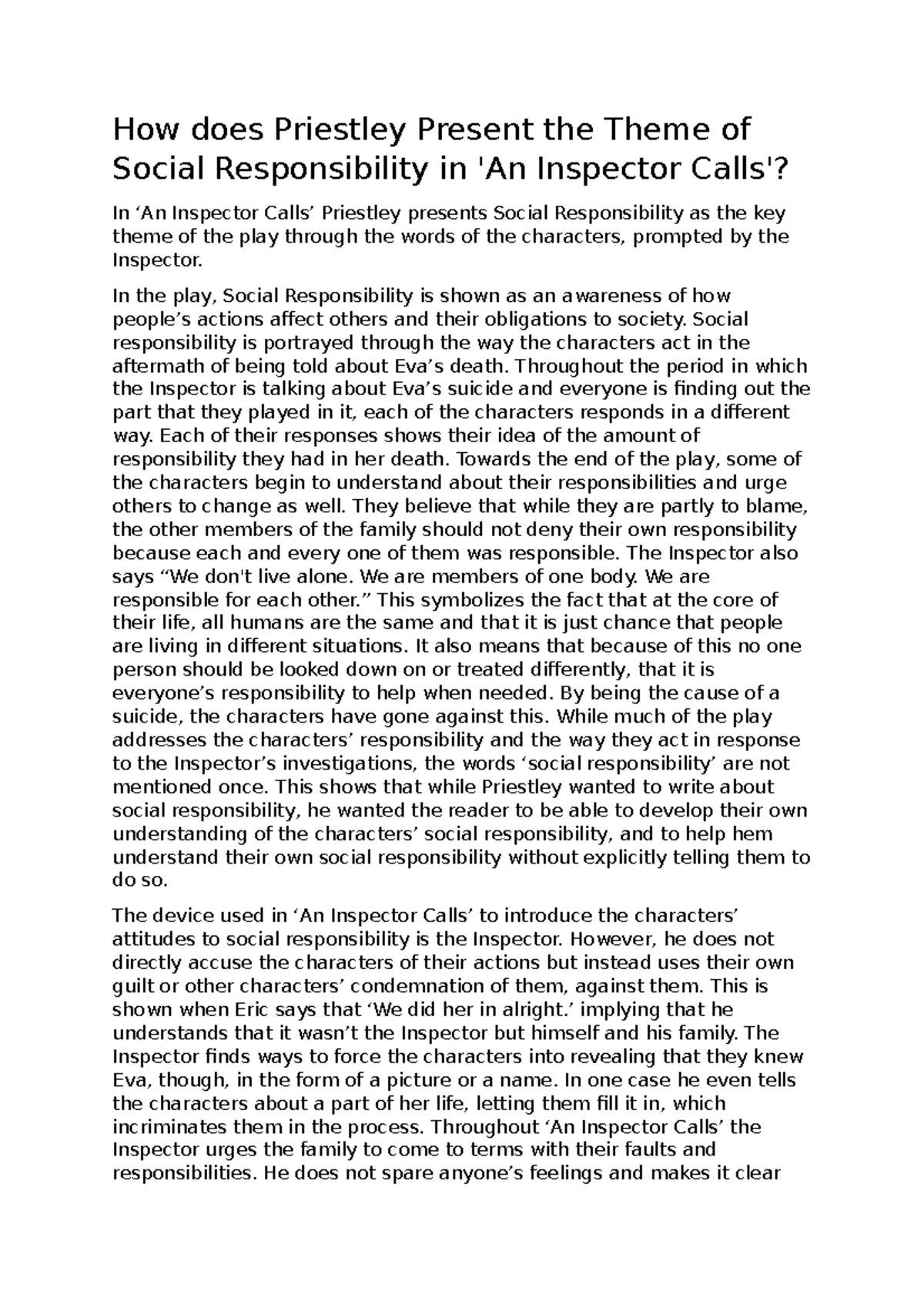 Essay on Social Responsibility Theme in 'An Inspector Calls' (ENG101 ...