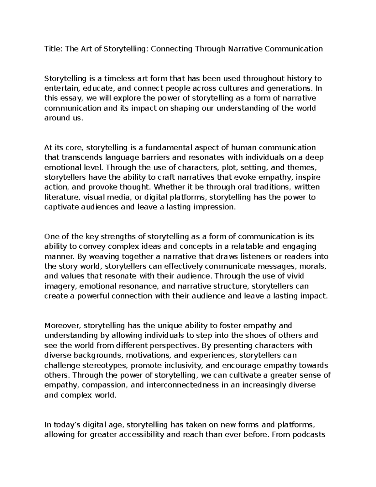 Storytelling - In this essay, we will explore the power of storytelling ...