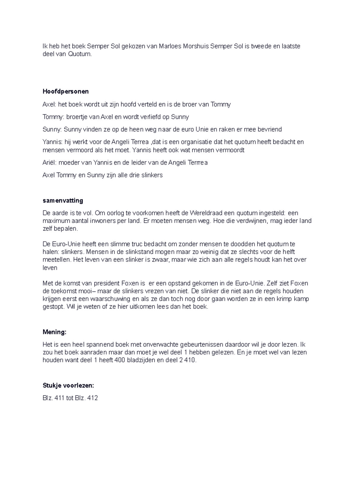 NL boekverslag Semper Sol Quotum Deel II - Hoofdpersonen & Samenvatting ...