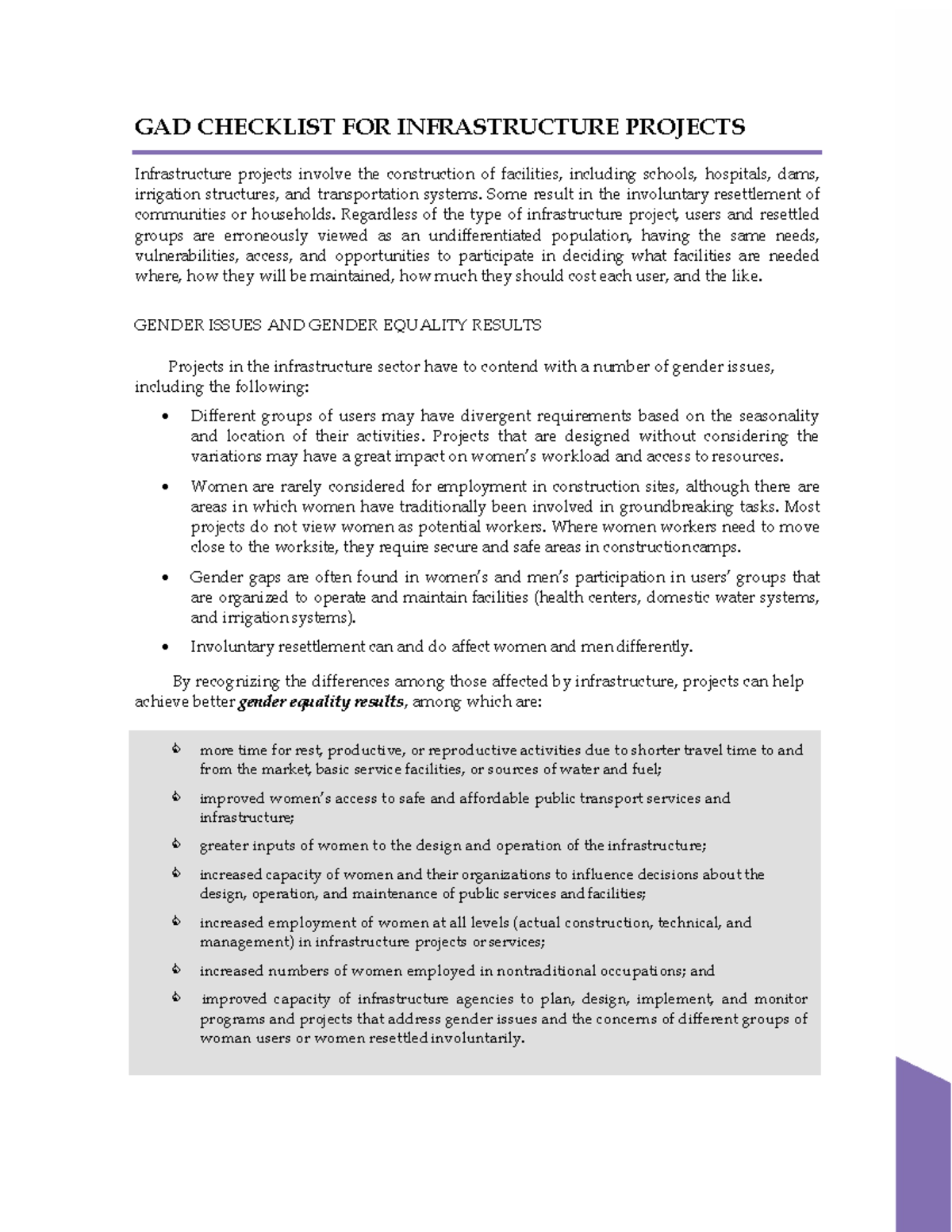 GAD Checklist for Evaluating Gender Issues in Infrastructure Projects ...