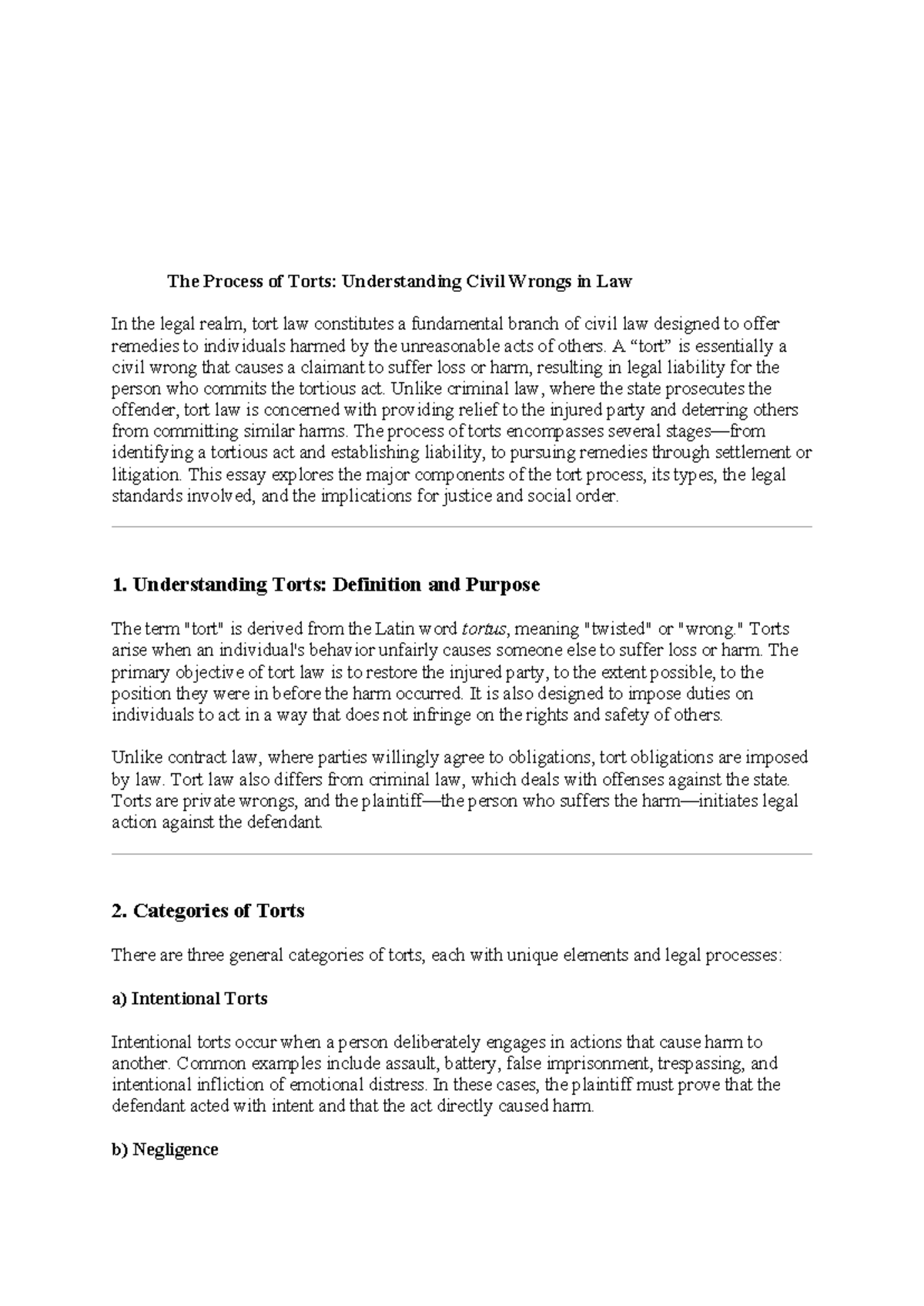 Tort Law Process: Understanding Civil Wrongs and Legal Remedies - Studocu