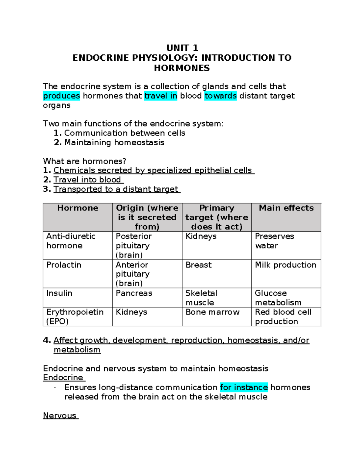 Unit 1 - Endocrine Physiology Overview and Hormone Mechanisms - Studocu