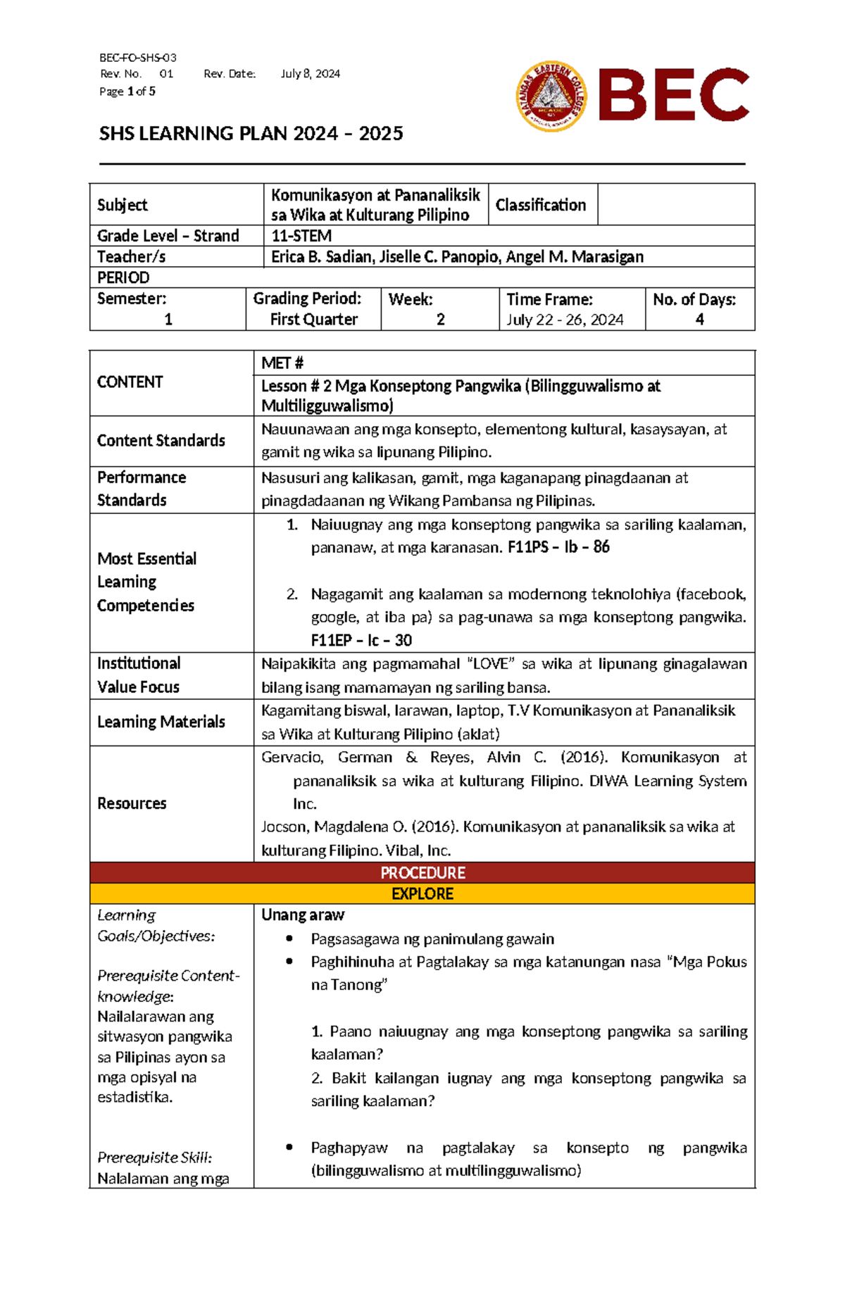 SHS Learning Plan for Komunikasyon at Pananaliksik 1LP-W2 2024-2025 ...