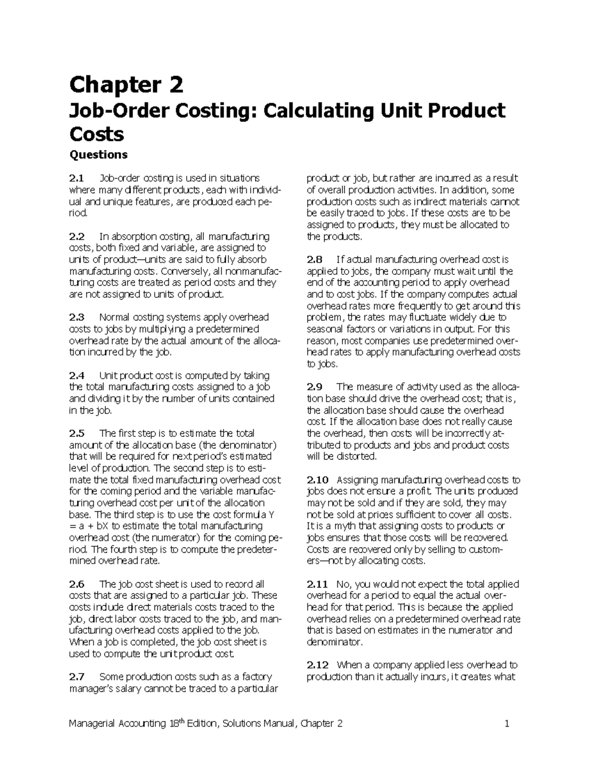 Acct1003 Managerial Accounting Chapter 2 Job Costing Solutions Studocu