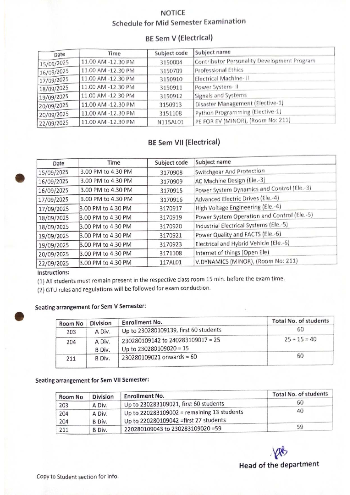 Mid Semester Exam Schedule BE Sem V & VII (Electrical) Sept 2025 - Studocu